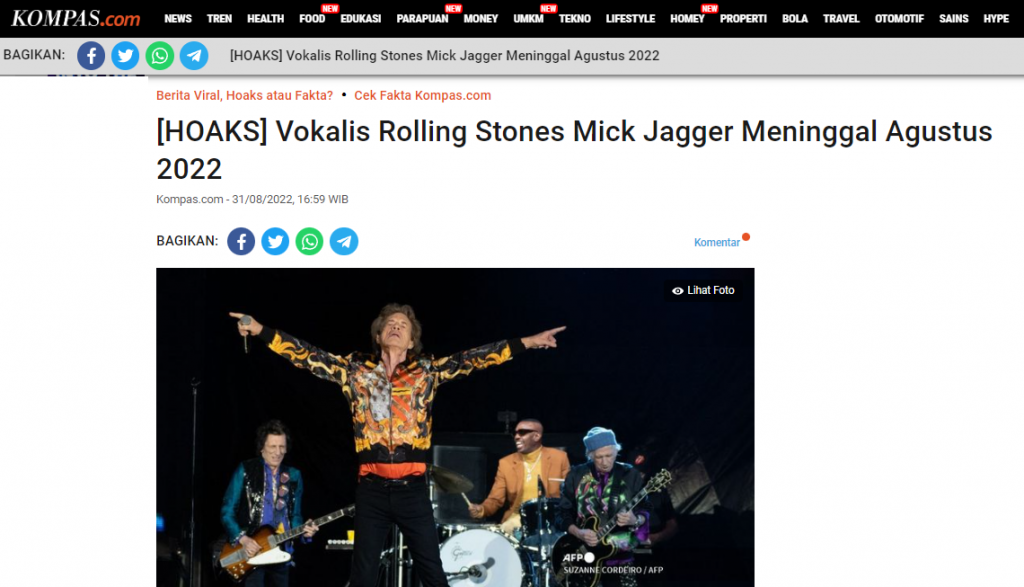Cek Fakta: [SALAH] Vokalis Band The Rolling Stones Mick Jagger ...