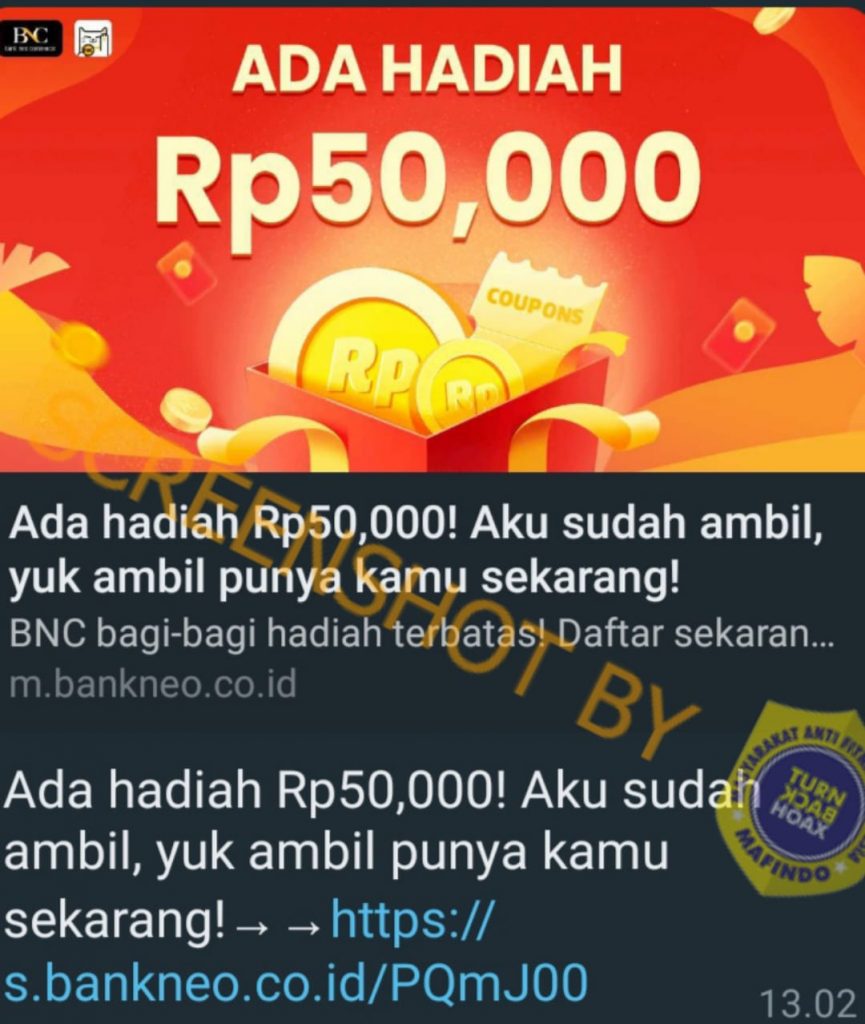 Cek Fakta: [SALAH] Hadiah Tunai Rp 50.000 Bank Neo Commerce | Kabar Tangsel